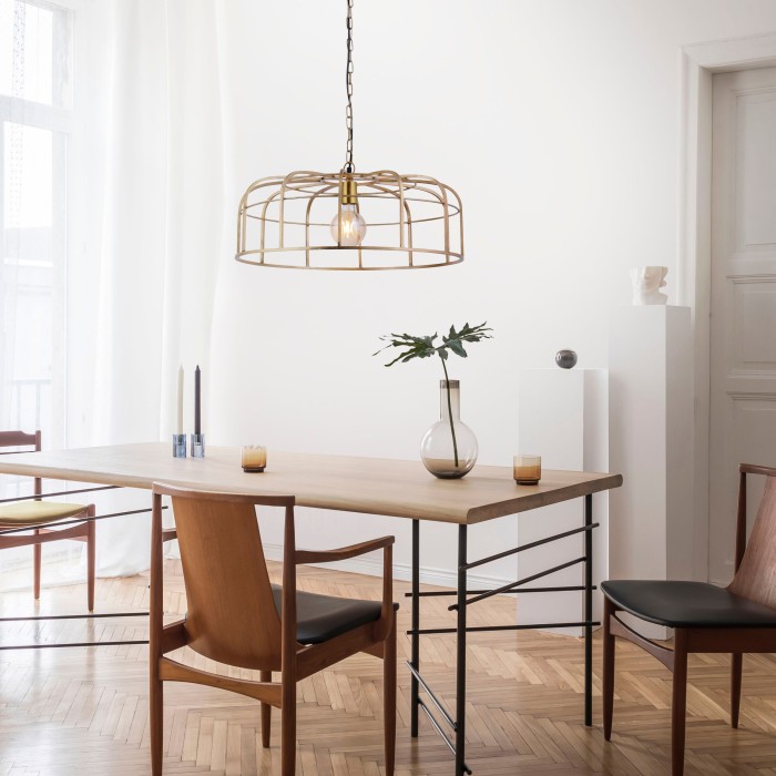 Wood Effect And Matt Brass Cage Ceiling Pendant - Stillorgan Decor
