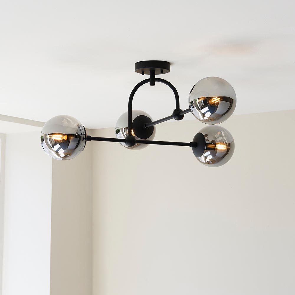 Modern 4 Light Globe Smoked Black Ceiling Light - Stillorgan Decor
